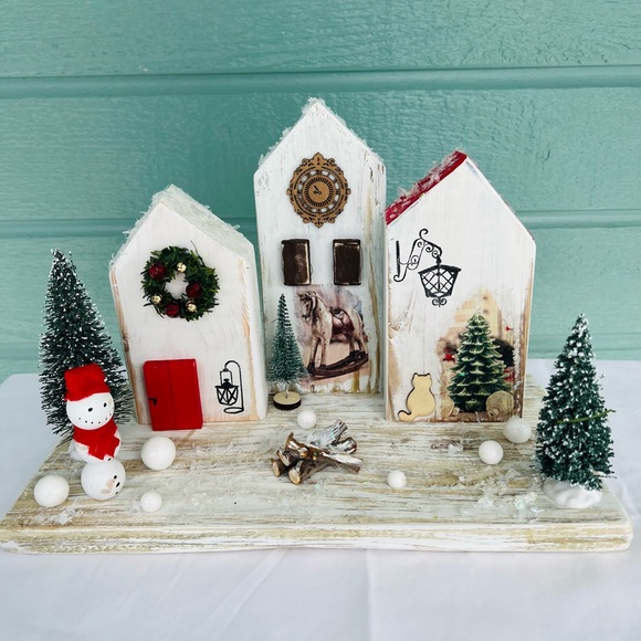 Handmade | Holiday | Wood House Christmas Village Painted Houses ...